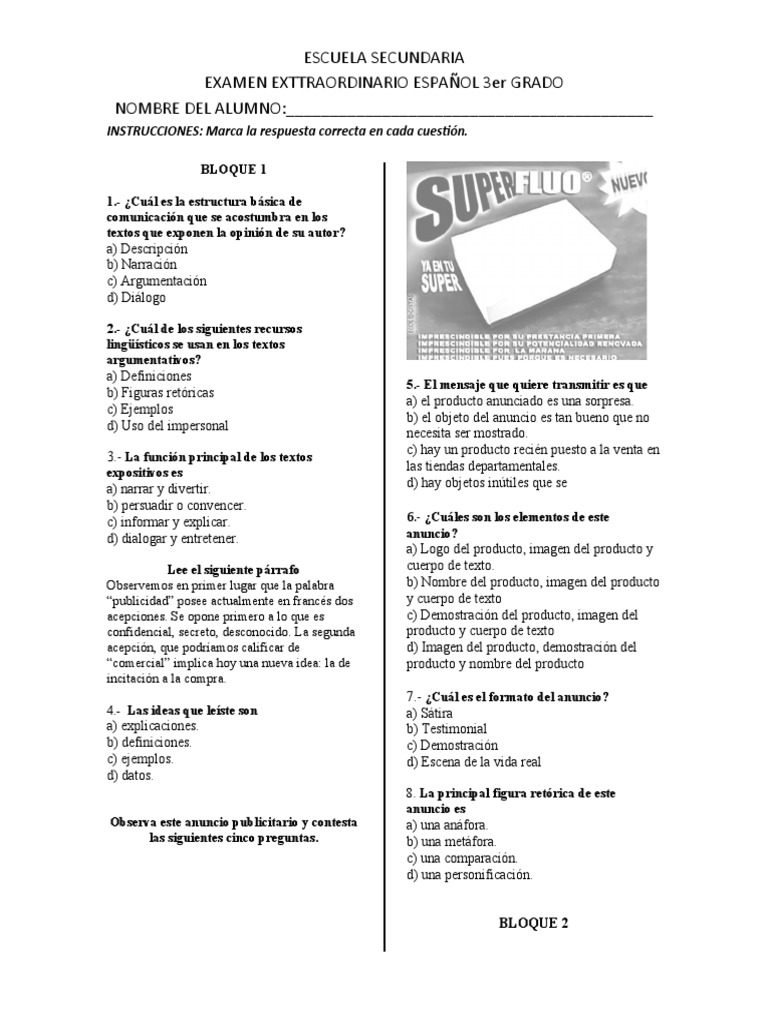 Examen Español 3er Grado: Preguntas y Respuestas | PDF | Experimentar
