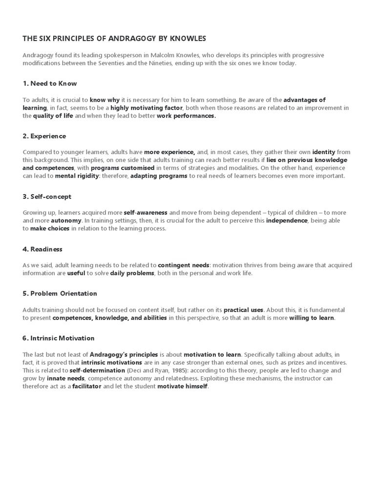 The Six Principles of Andragogy by Knowles: 1. Need To Know | PDF