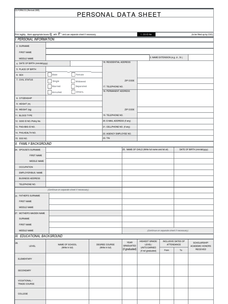 CSC Form 212 - Personal Data Sheet PDS | PDF | Civil Service | Crime ...