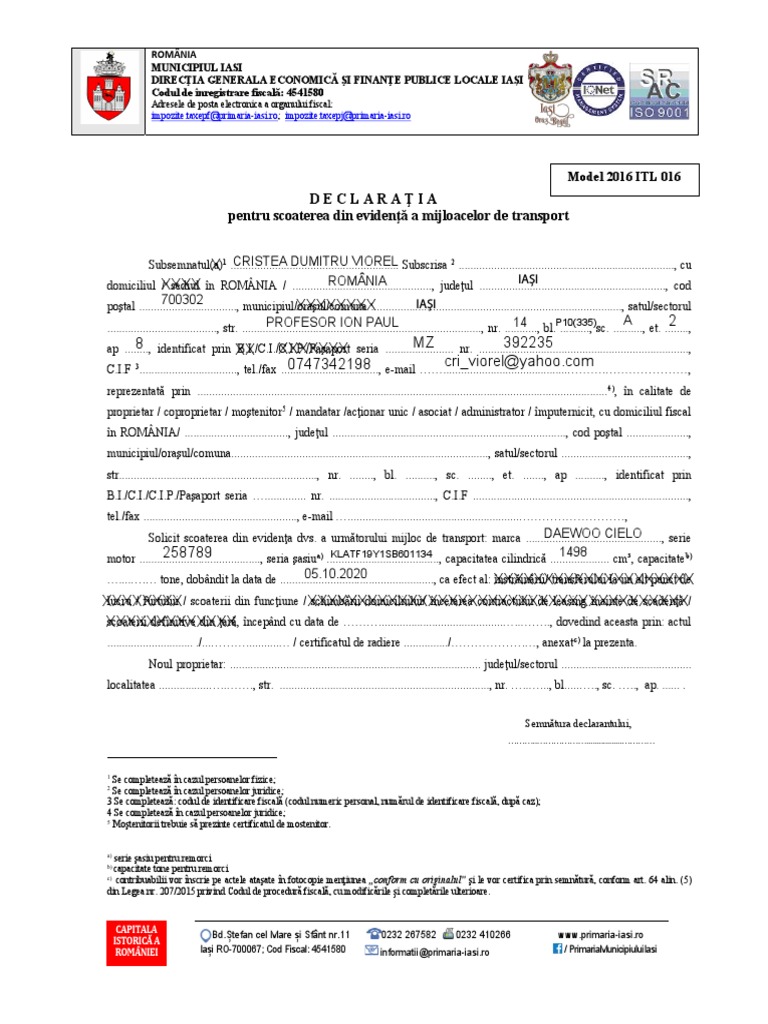 Radiere auto-ITL 016 - Formular | PDF