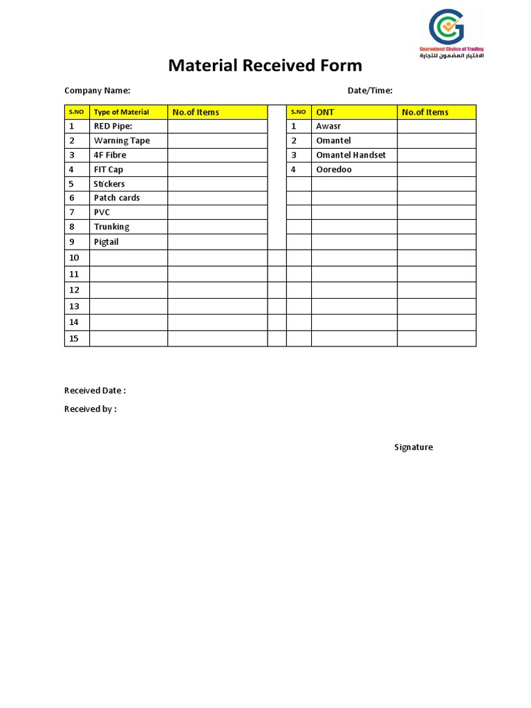 GCT Oman Muscat Material Received Form | PDF