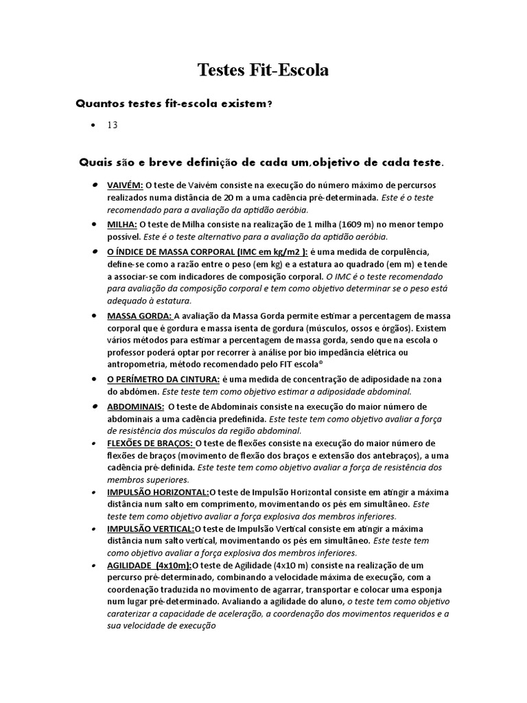 Testes Fit | PDF | Índice de massa corporal | Flexibilidade (anatomia)