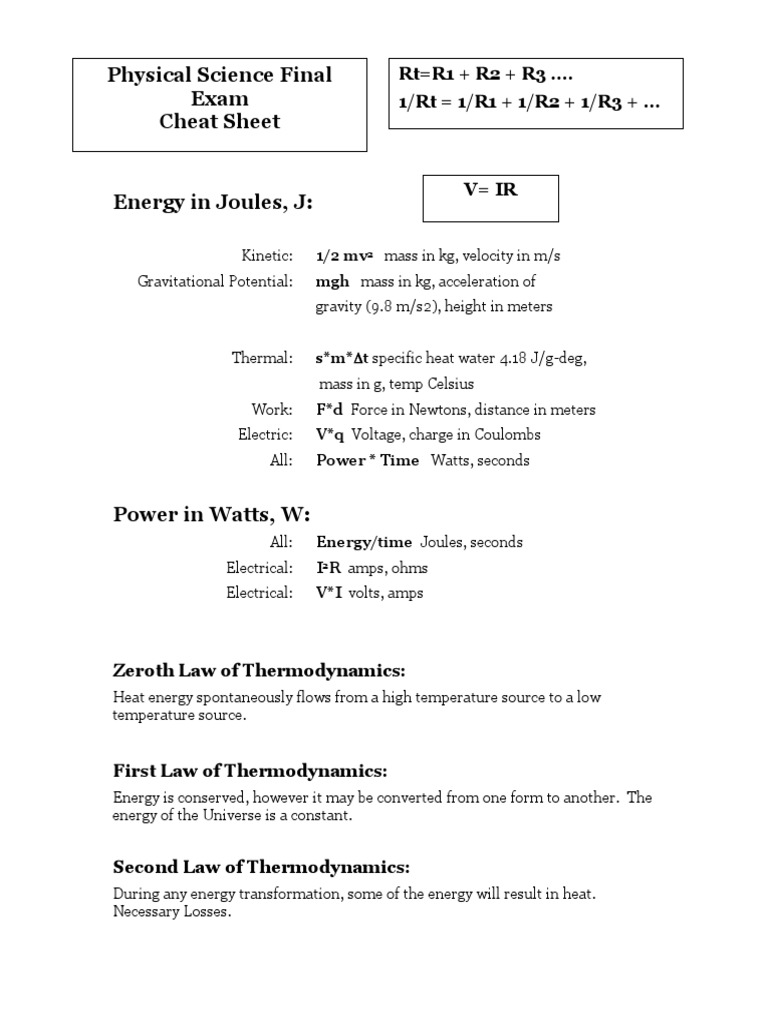 Physical Science Final Energy Cheat Sheet | PDF