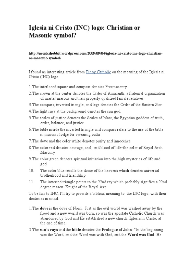 Iglesia Ni Cristo (INC) Logo: Christian or Masonic Symbol? | PDF ...