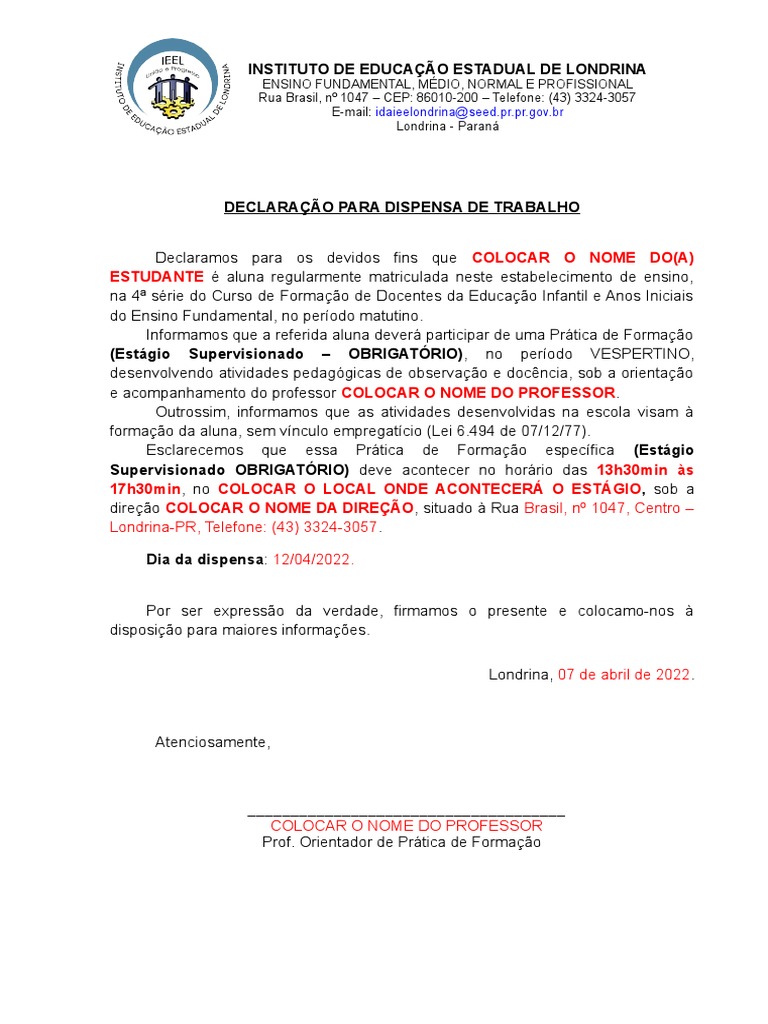 Modelo de Declaração de Dispensa Do Trabalho - Estágio | PDF