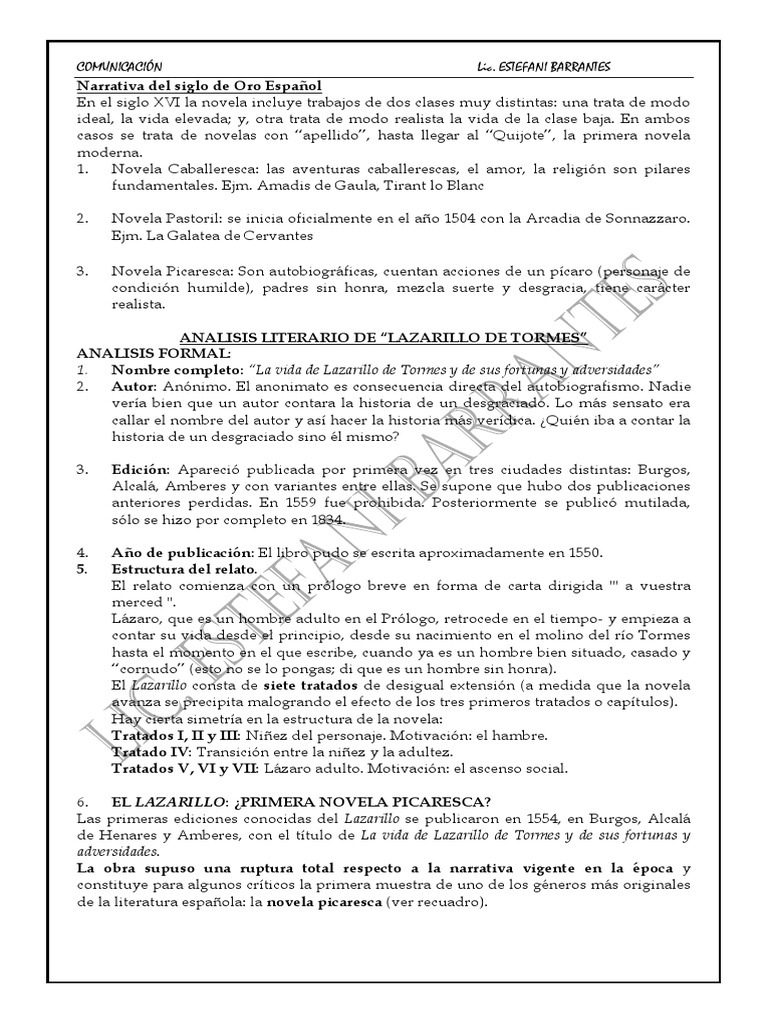 Análisis de "Lazarillo de Tormes" | PDF | Novelas