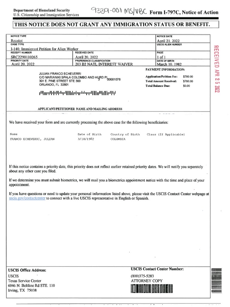 9339-001 - Franco Echeverri, Julian - I140 Receipt Notices | PDF