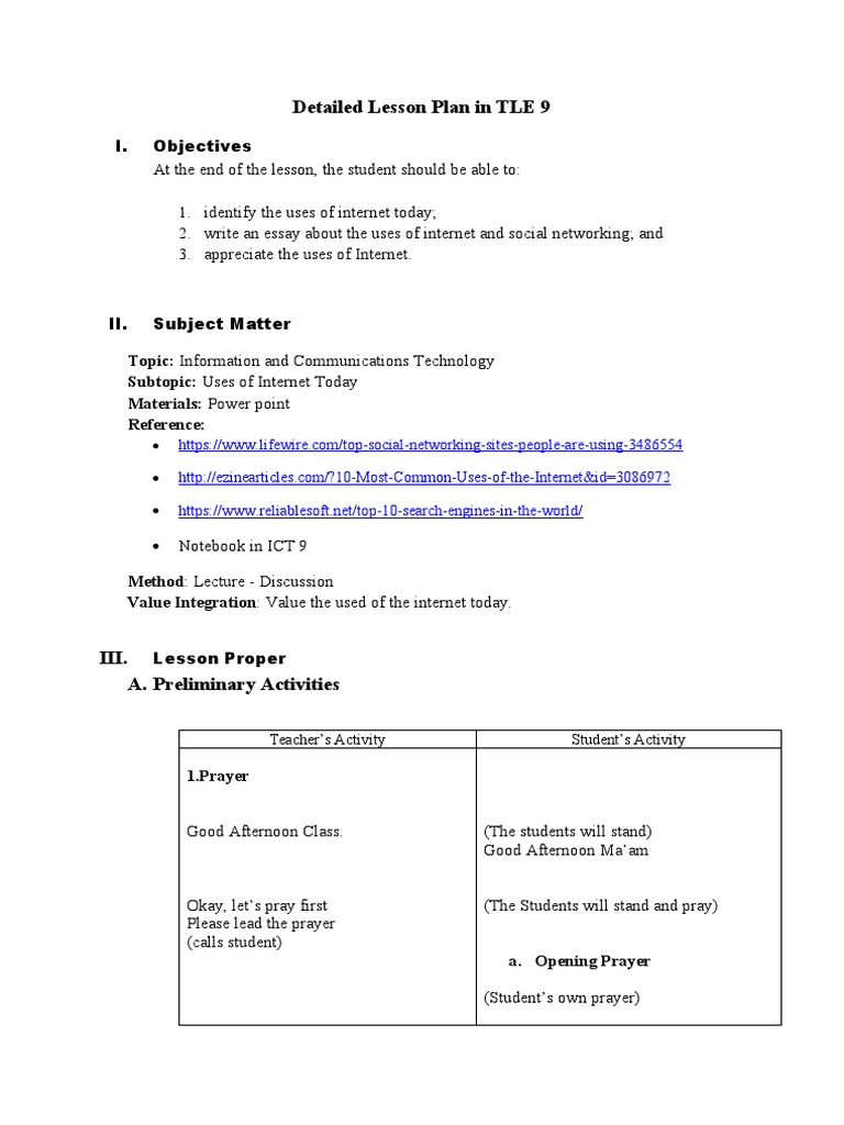 Detailed Lesson Plan in TLE 9 | PDF | Internet | Educational Technology