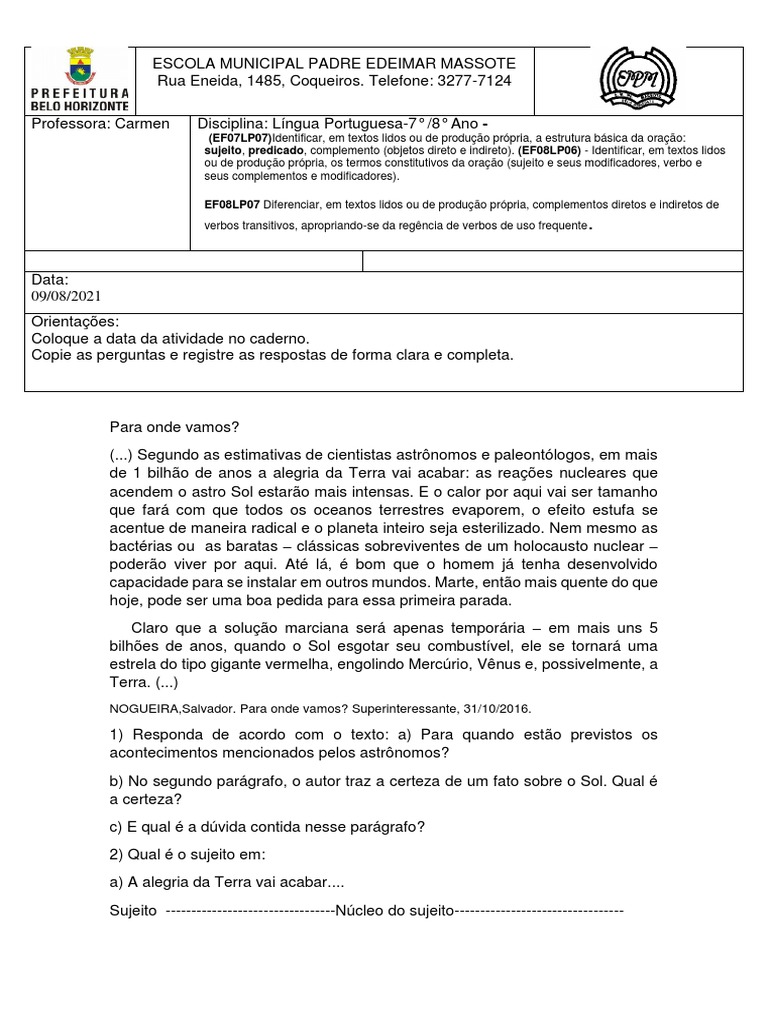 Atividade 20 Língua Portuguesa-09!08!2021 | Descargar gratis PDF | Assunto (gramática) | Terra