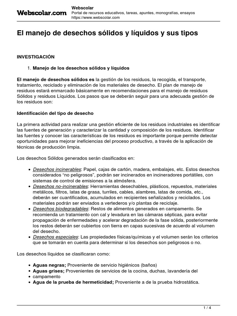 El Manejo de Desechos Solidos y Liquidos y Sus Tipos | Descargar gratis PDF | Residuos | Reciclaje