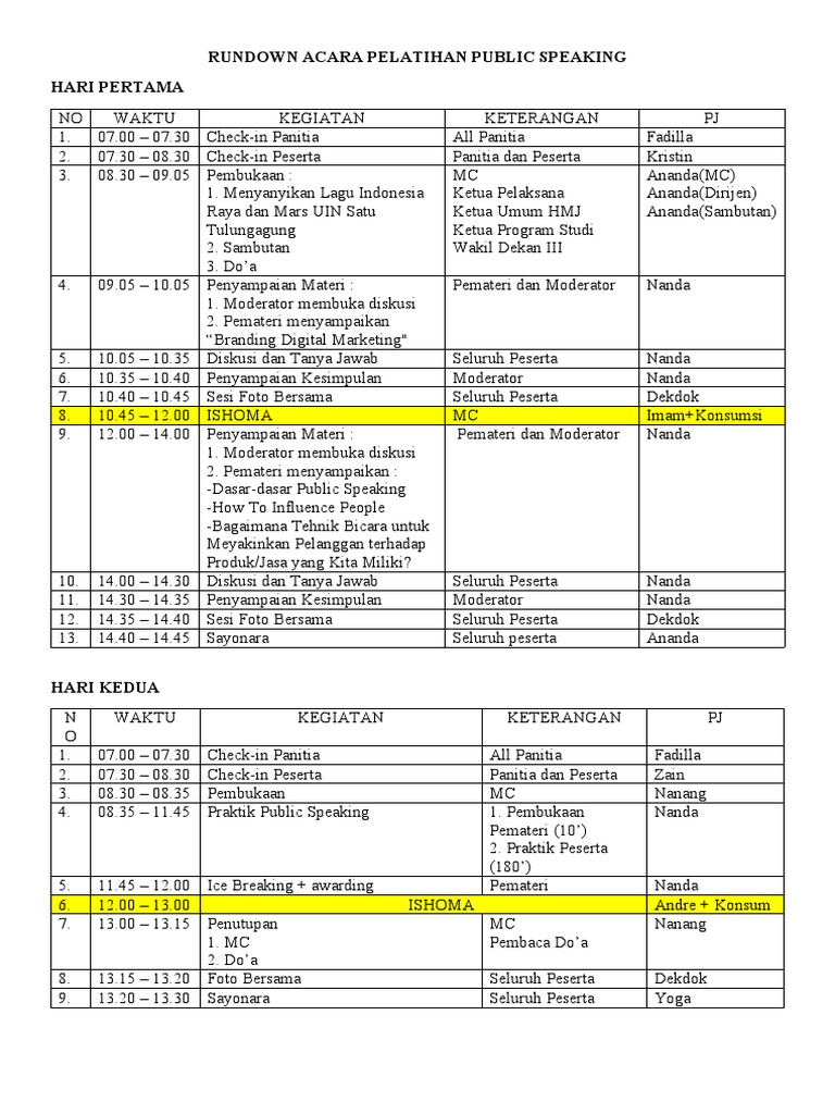 Rundown Acara Pelatihan Public Speaking 2022 | PDF