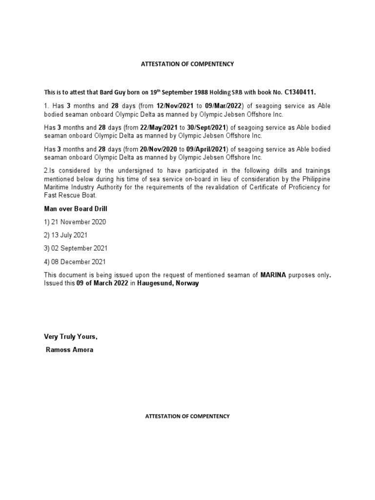 Attestation of Competency for Seaman | PDF
