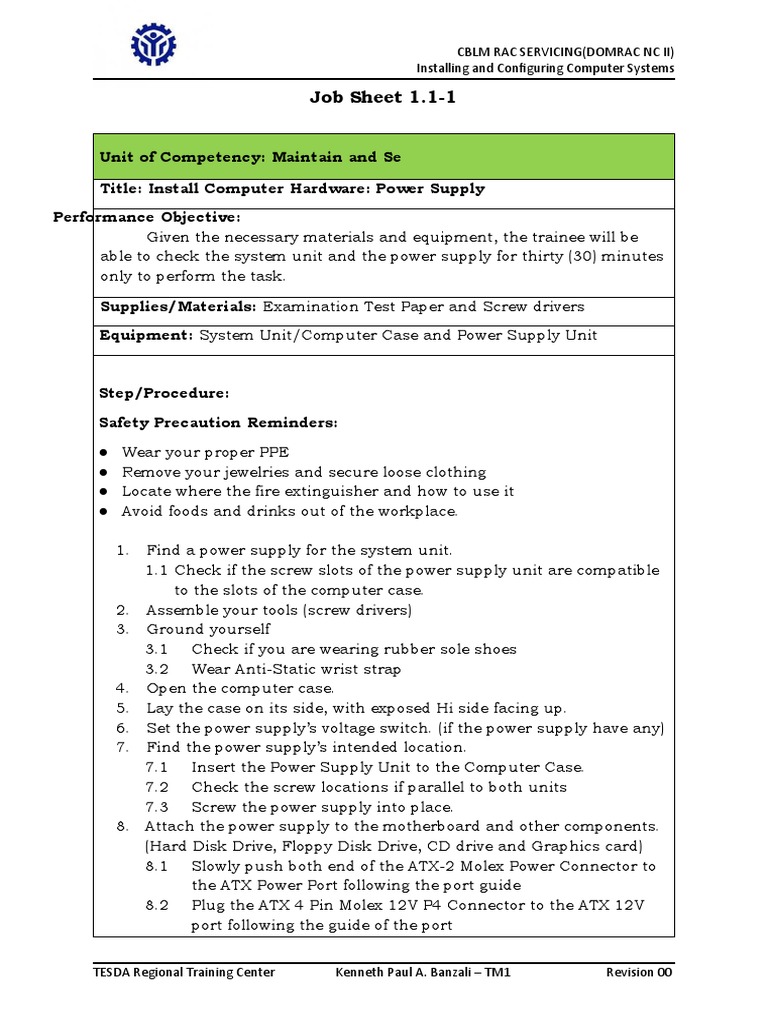 Job Sheet 1.1-1: CBLM Rac Servicing (Domrac NC Ii) Installing and Configuring Computer Systems ...