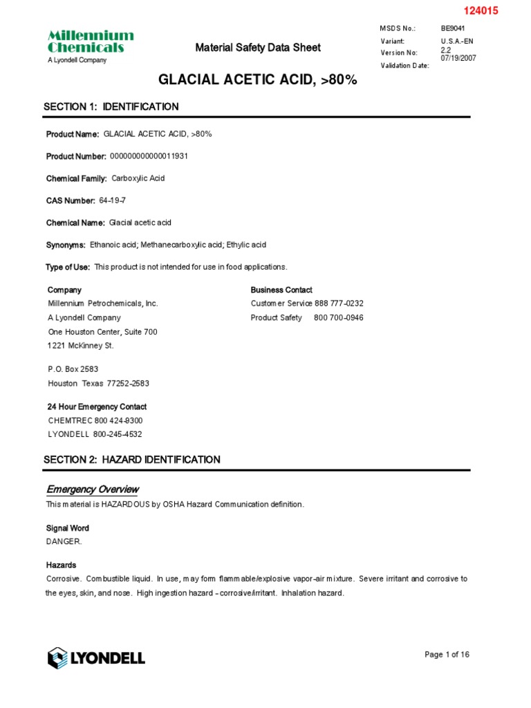Glacial Acetic Acid, 80%: Material Safety Data Sheet | PDF ...