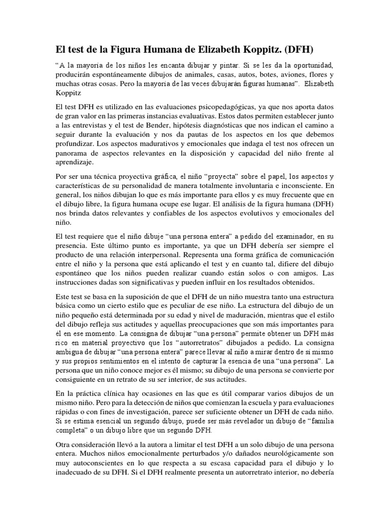 Manual Del Test Del Dibujo de La Figura Humana de Elizabeth Koppitz ...