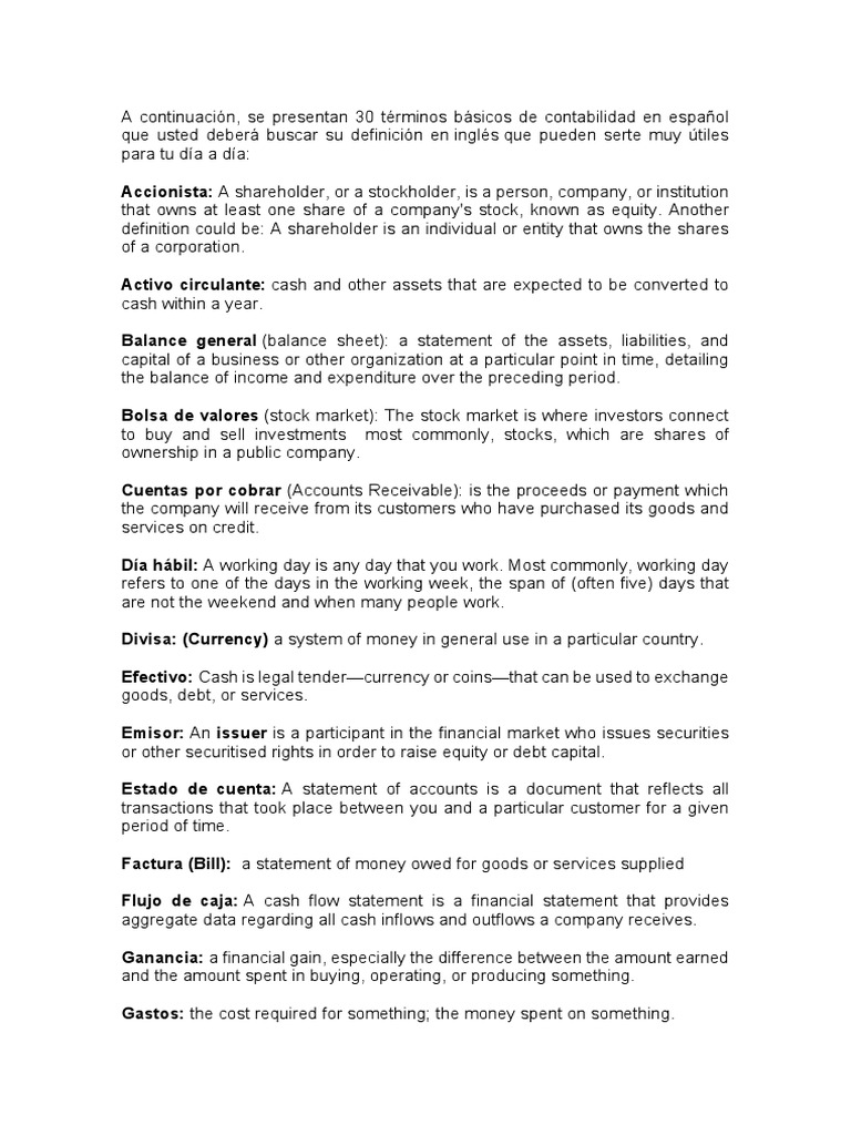 30 Basic Accounting Terms in Spanish and English | PDF | Stocks | Loans