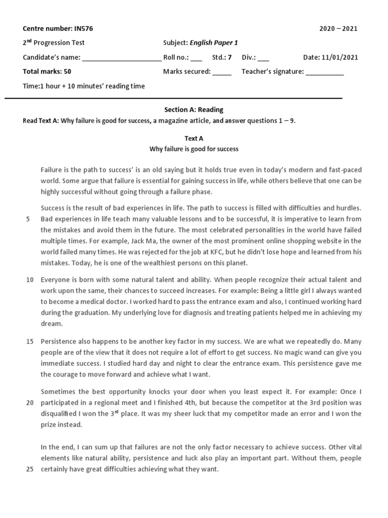 Analysis of a Standard 7 English Exam Paper | PDF | Learning | Writers