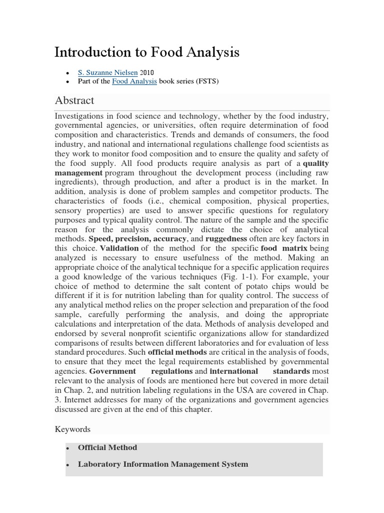 Introduction To Food Analysis | PDF | Foods | Assay