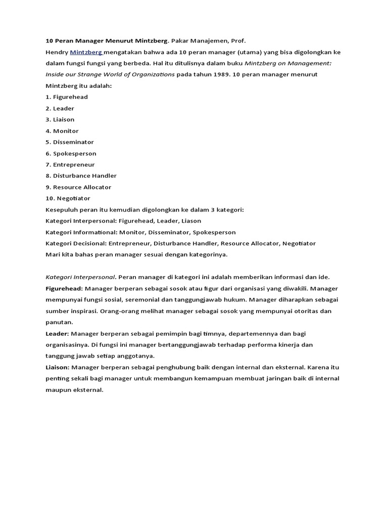 10 Peran Manajer Menurut Mintzberg | PDF