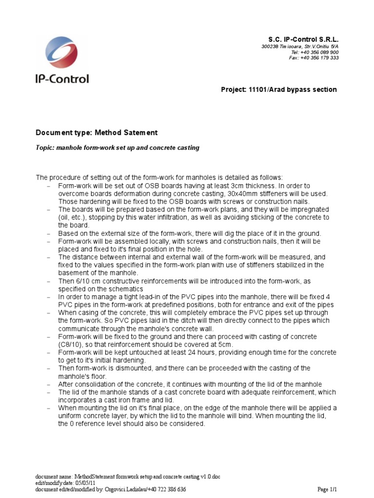 Method Statement Formwork Setup and Concrete Casting v1.0 | PDF ...