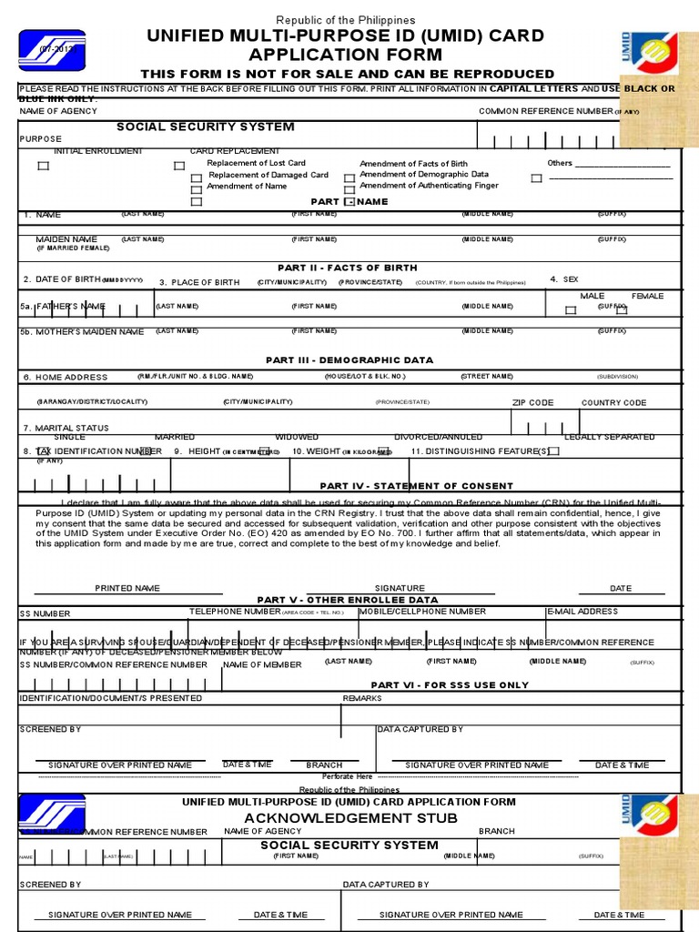 Unified Multi-Purpose Id (Umid) Card Application Form: Social Security ...