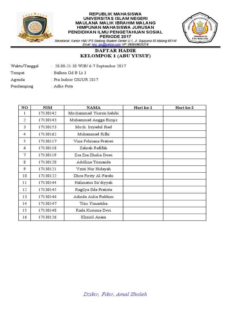 Daftar Hadir Pra Indoor OSJUR 2017 | PDF