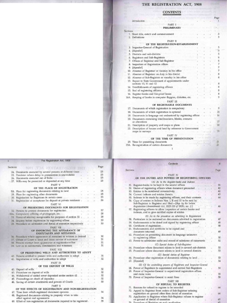 The Registration Act 1908 - (BARE ACT) (Part 1) | PDF