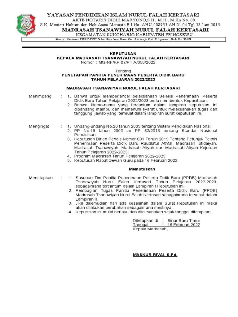 SK Panitia PPDB Madrasah 2022-2023 | PDF