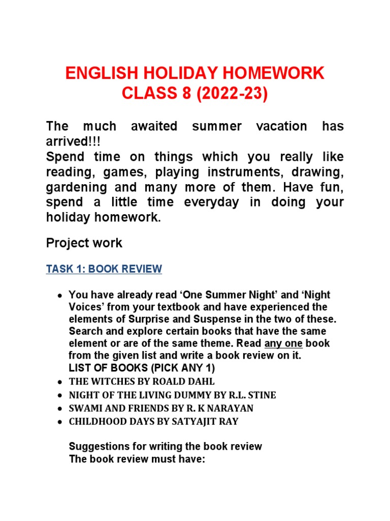 English Holiday Homework Class 8 2022-23 | PDF
