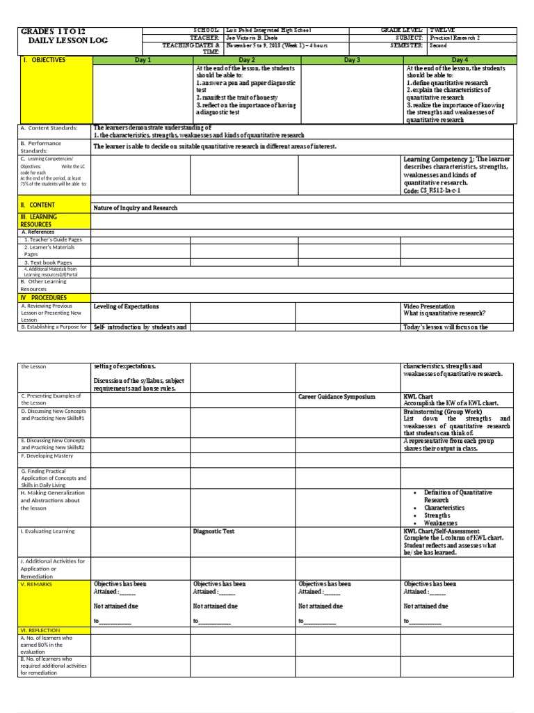 DLL Practical Research 2 | PDF | Learning | Teachers