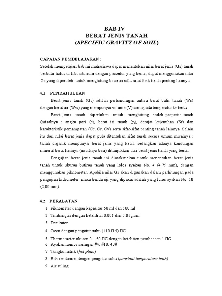 Bab Iv Berat Jenis Tanah (Specific Gravity of Soil) : Capaian ...