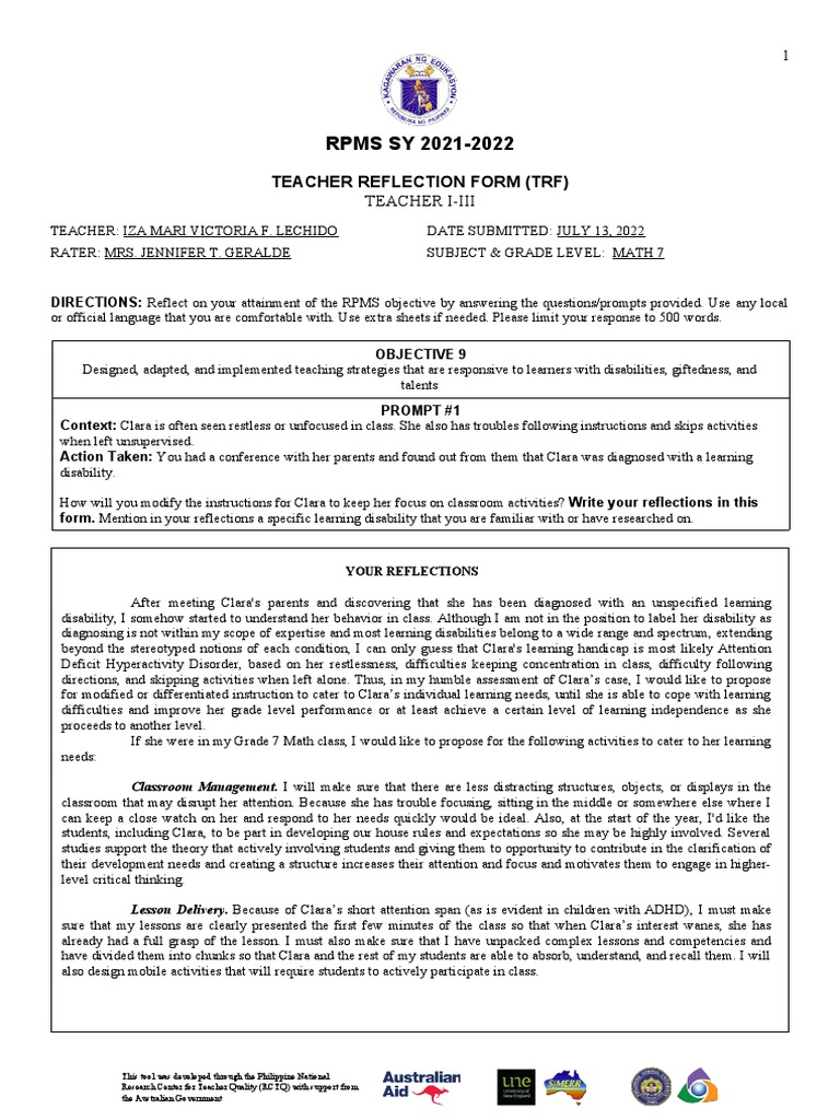 Teacher Reflection on ADHD Strategies | PDF | Attention Deficit ...
