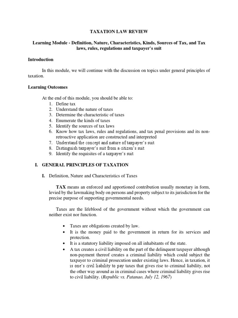 Learning Module (Tax Law Review) - Definition, Nature, Characteristics ...