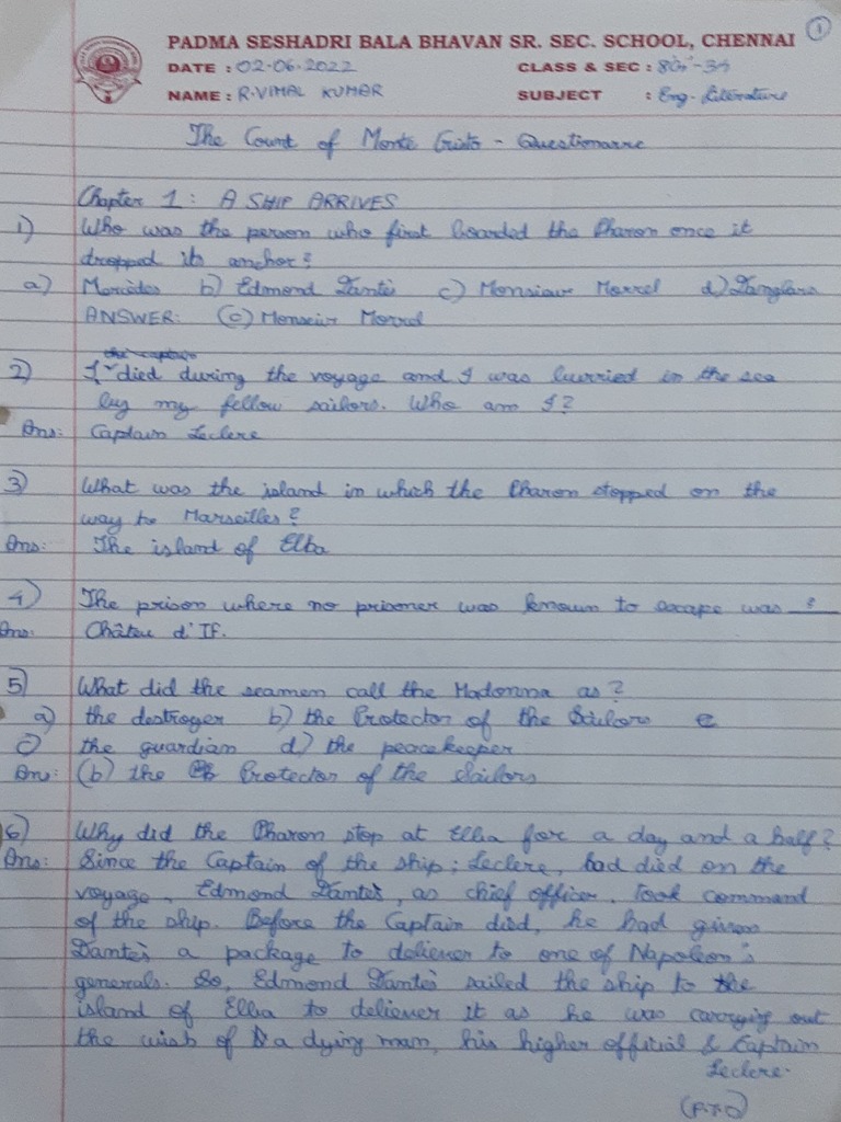 Count of Monte Cristo Questionnaire Chapter 1 To 8 | PDF