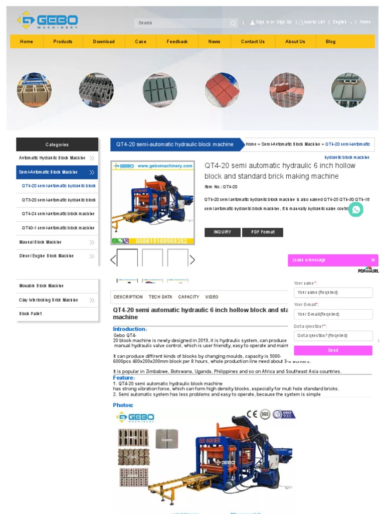 QT4-20 Semi Automatic Hydraulic 6 Inch Hollow Block and Standard Brick Making Machine | PDF ...