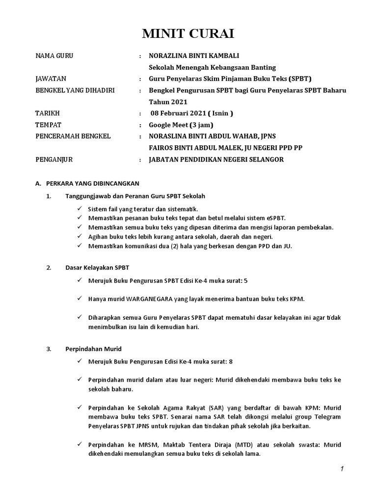 JPNS - Minit Curai Bengkel Pengurusan SPBT Guru Penyelaras Baharu | PDF