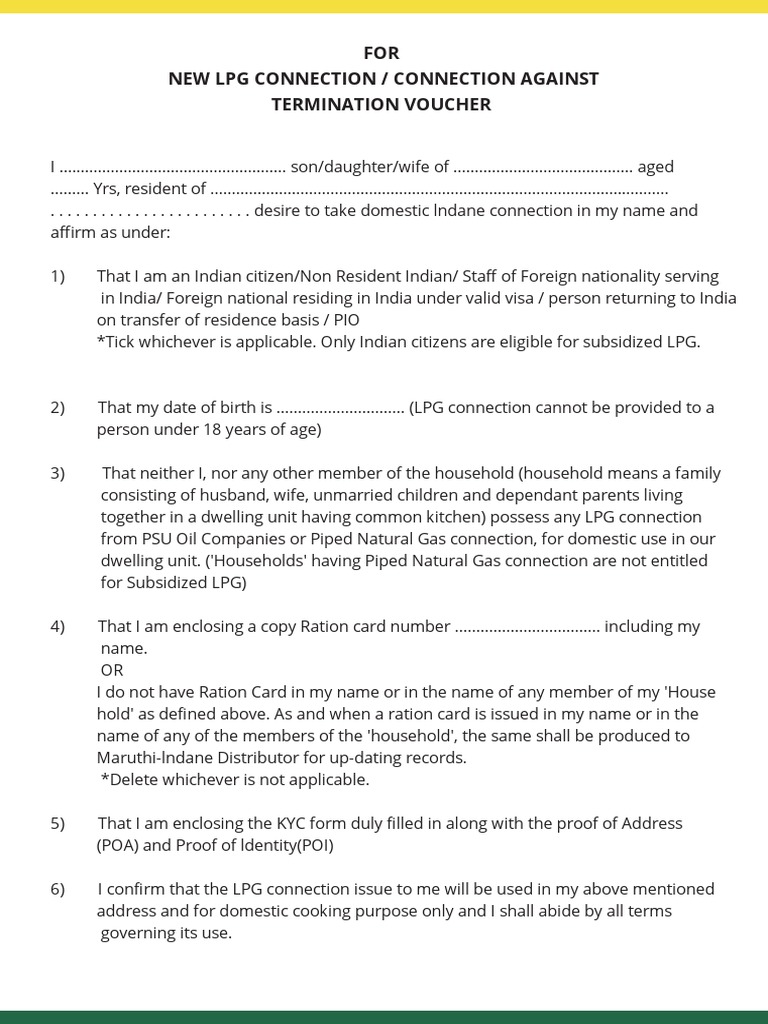 Self Declaration Form For New Indane Gas Connection | PDF | Liquefied ...