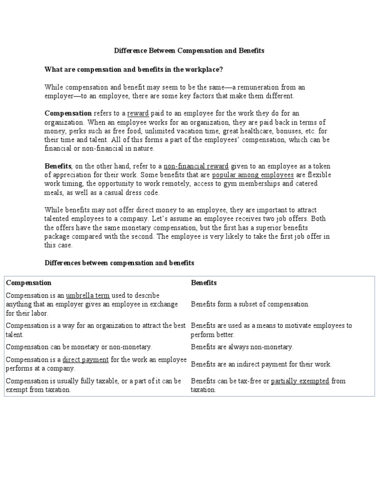 Difference Between Compensation And Benefits Pdf Employee Benefits Compensation And Benefits