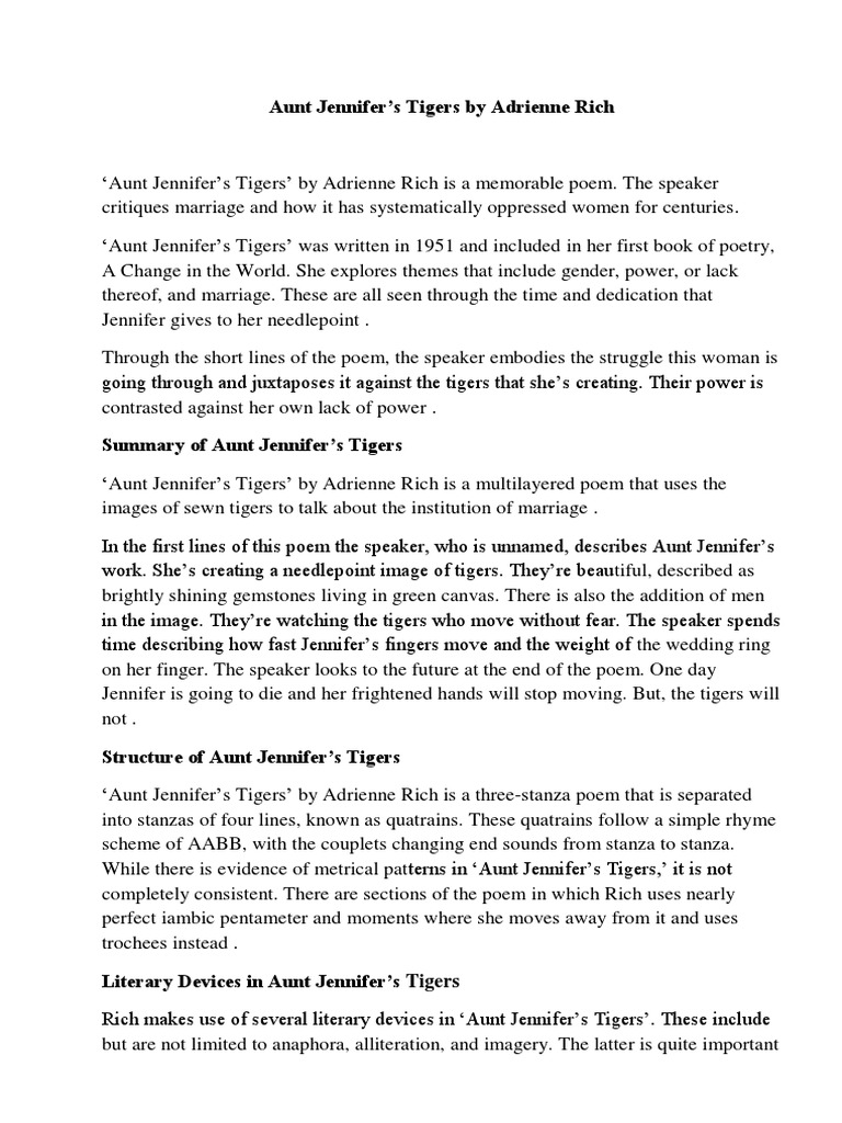 Aunt Jennifer's Tigers by Adrienne Rich Analysis PDF | PDF | Poetry ...