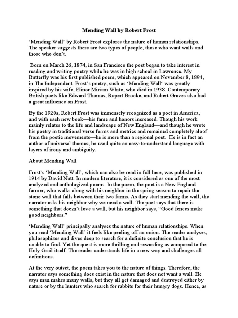 Mending Wall by Robert Frost Analysis | PDF | Poetry