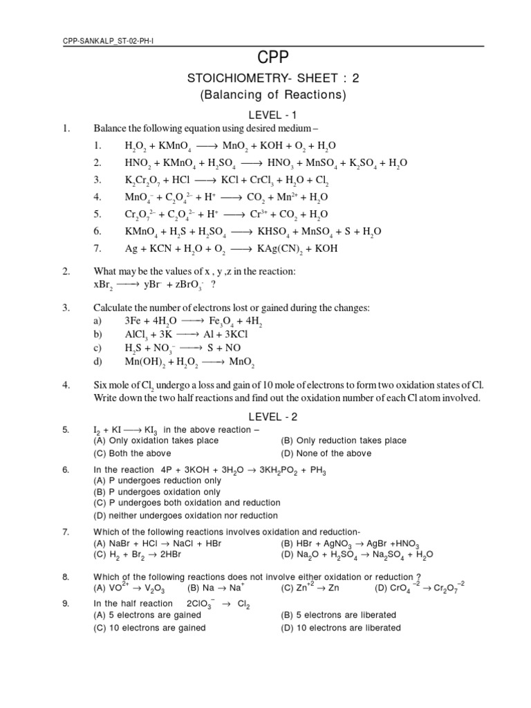 Stoichiometry-Sheet: 2 (Balancing of Reactions) : Level - 1 1. 1. 2. 3 ...