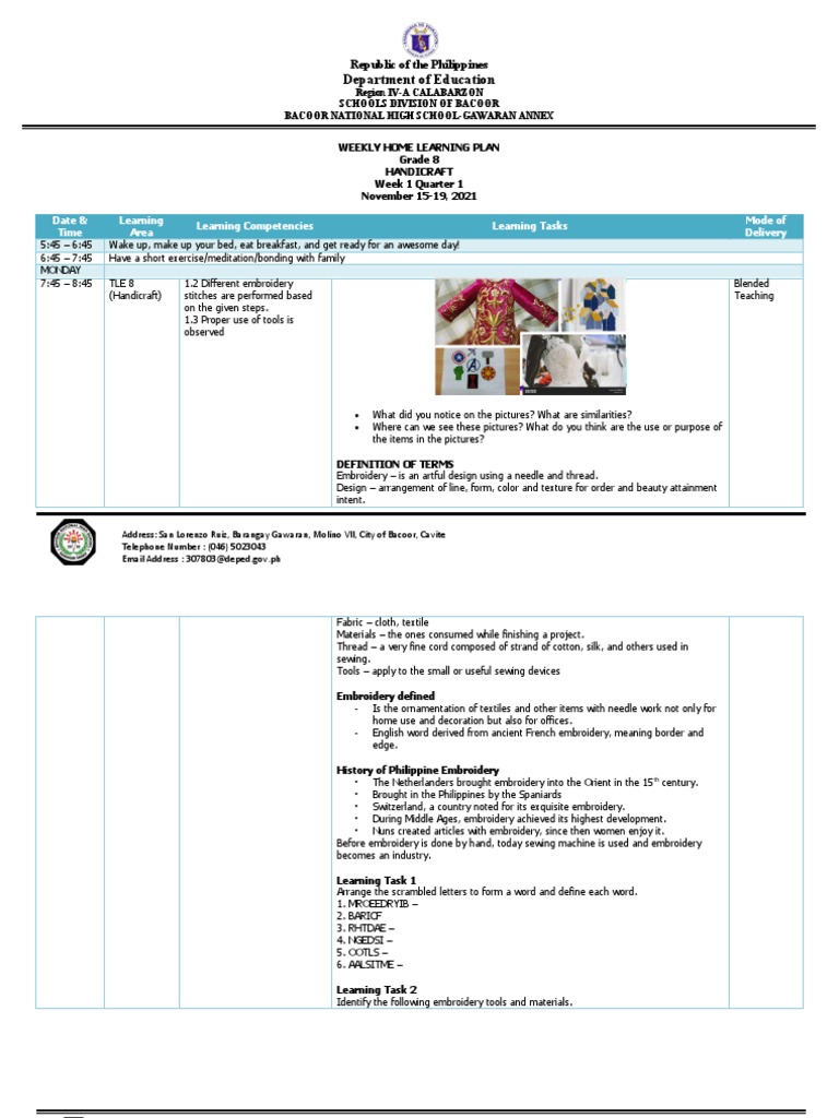 Handicraft Weekly Home Learning Plan 1 | PDF | Embroidery | Yarn