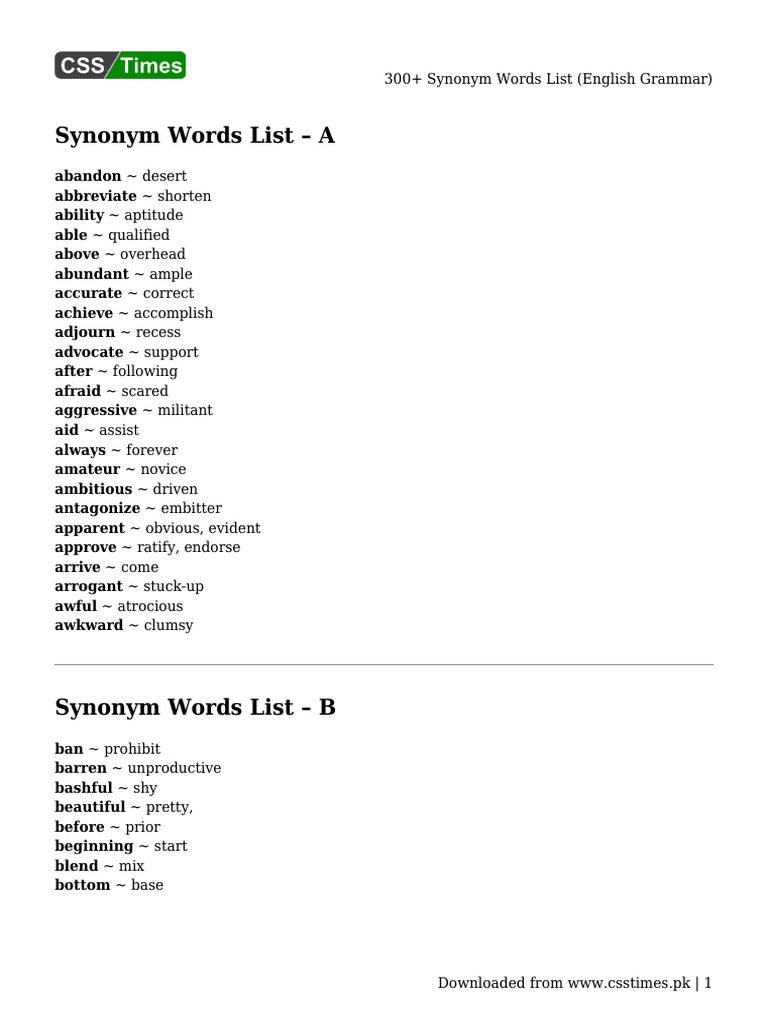 300+ Synonym Words List (English Grammar) | PDF