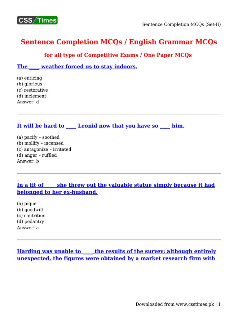Sentence Completion MCQs (Set-II) | PDF