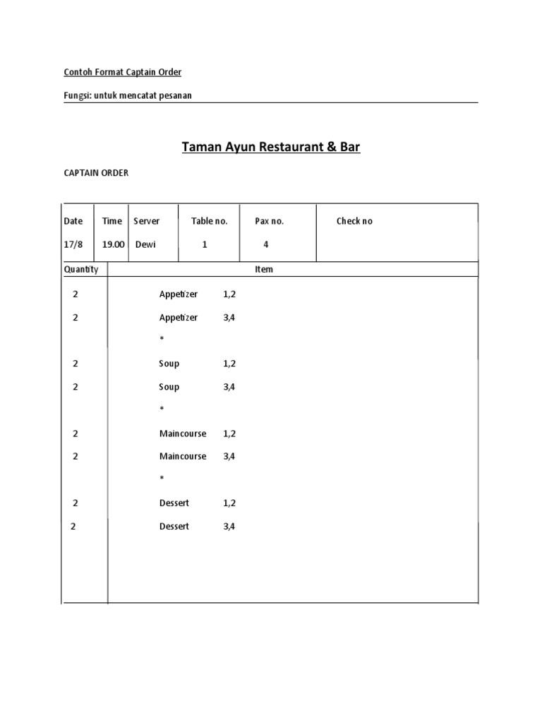 Contoh Format Captain Order | PDF | Cooking, Food & Wine