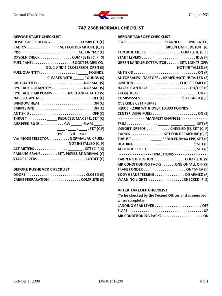 747-238B Normal Checklist: Before Start Checklist Before Takeoff ...