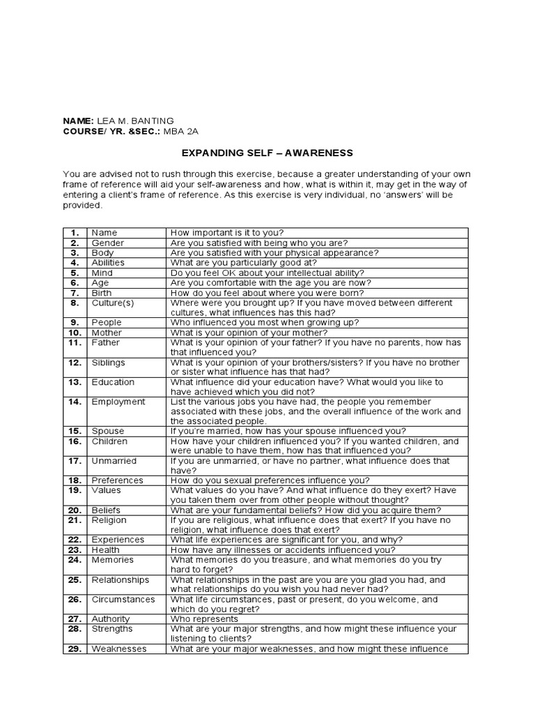 Expanding Self Awareness | Download Free PDF | Neuropsychological ...