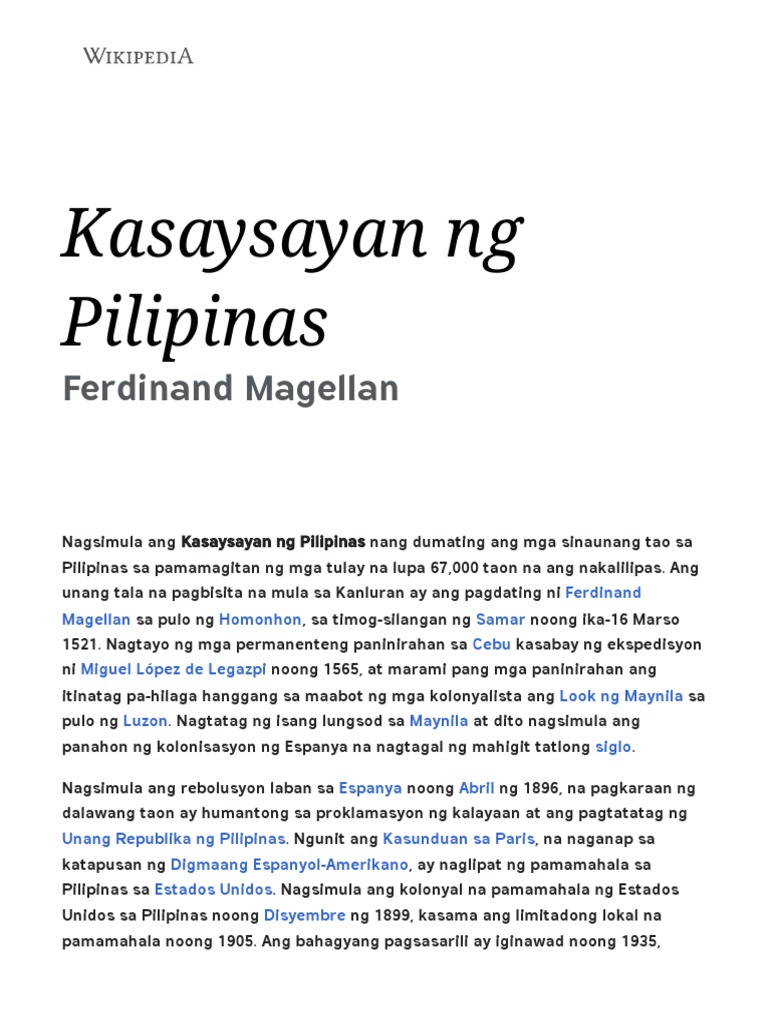 Kasaysayan NG Pilipinas - Wikipedia, Ang Malayang Ensiklopedya | PDF