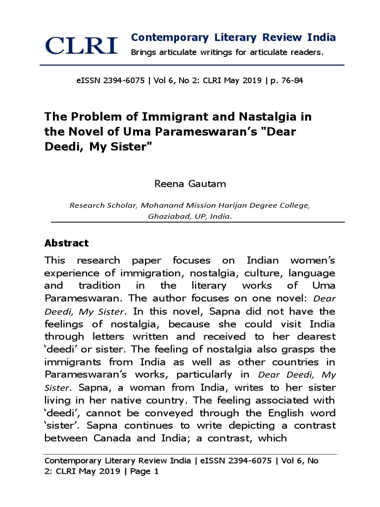 The Problem of Immigrant and Nastalgia in The Novel of Uma Parameswaran ...