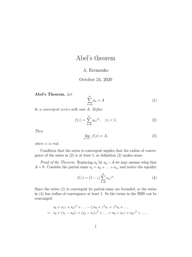Abel's Theorem: A. Eremenko October 24, 2020 | PDF | Mathematics | Mathematical Analysis